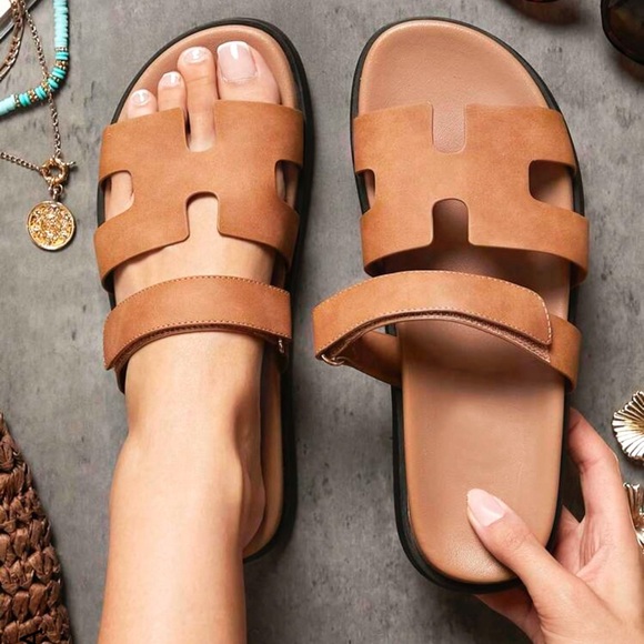 Shoes | Tan Slide Flat Sandals | Poshmark